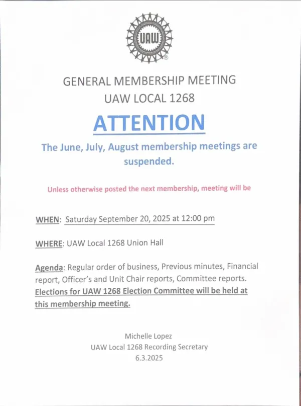 September Membership Meeting | UAW Local 1268